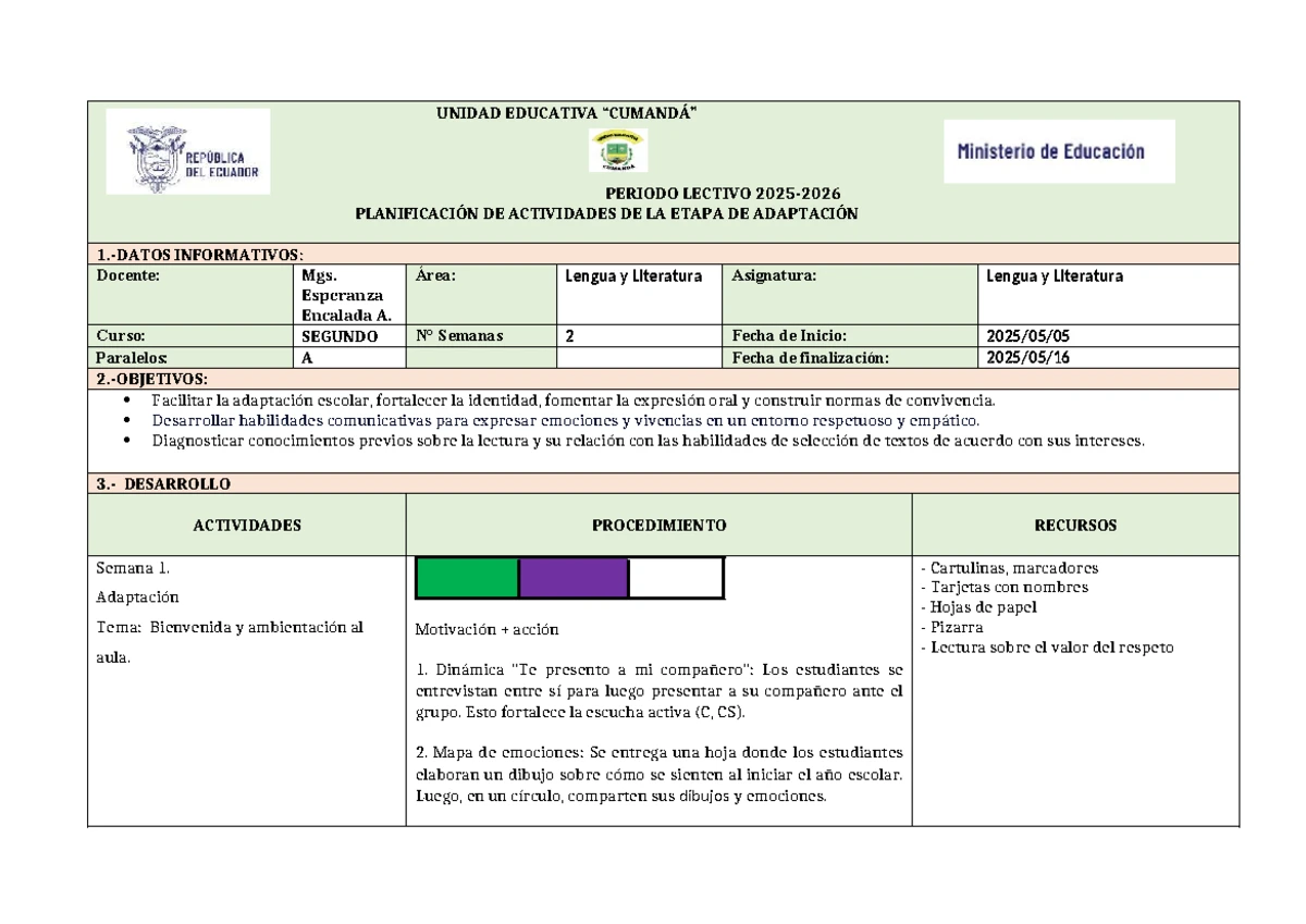 Planificación de Actividades de Adaptación - 1RO BGU - Studocu