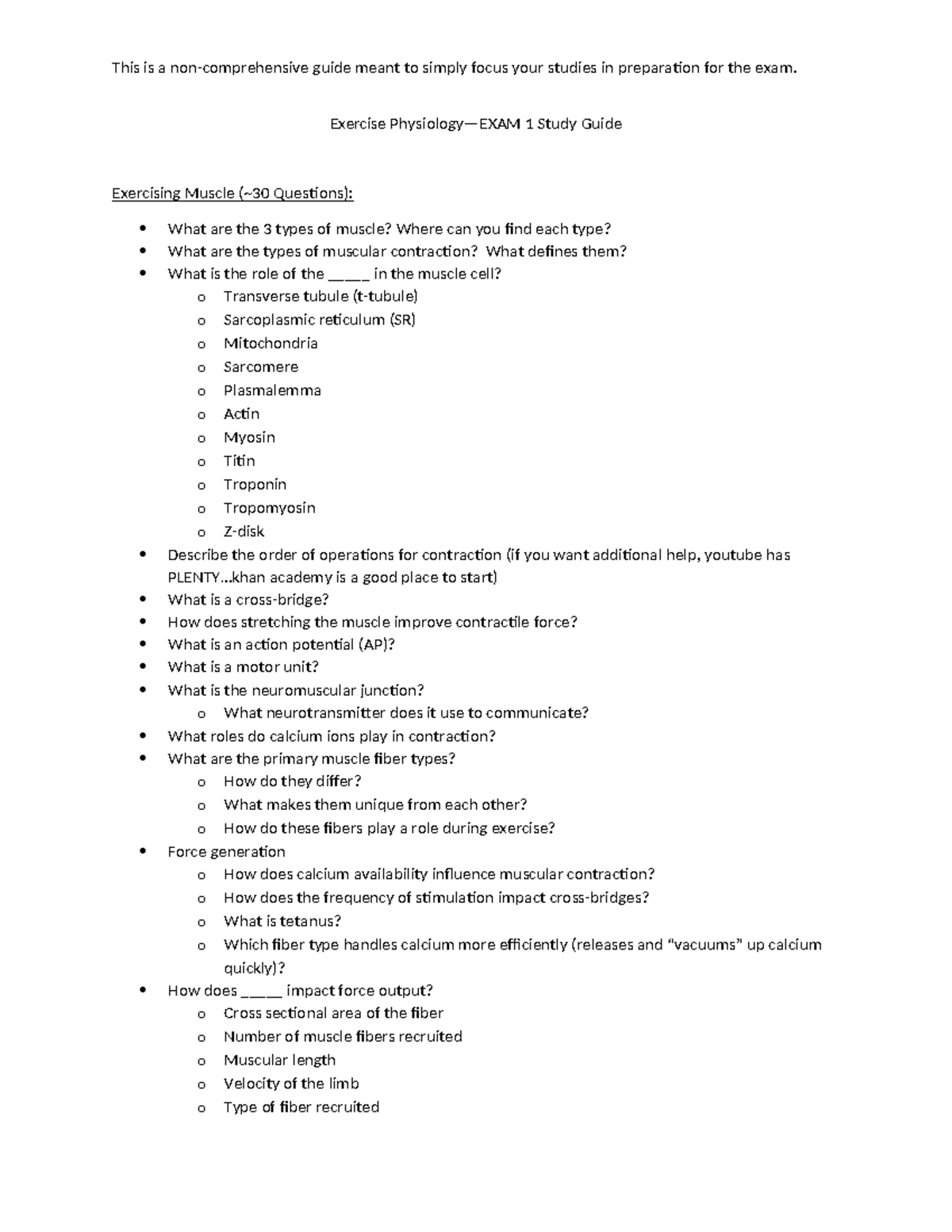 Exercise Physiology EXAM 1 Study Guide: Key Concepts & Questions - Studocu