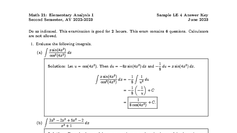 Math 21: Elementary Analysis I Final Exam Sample LE 4 Answer Key - Studocu