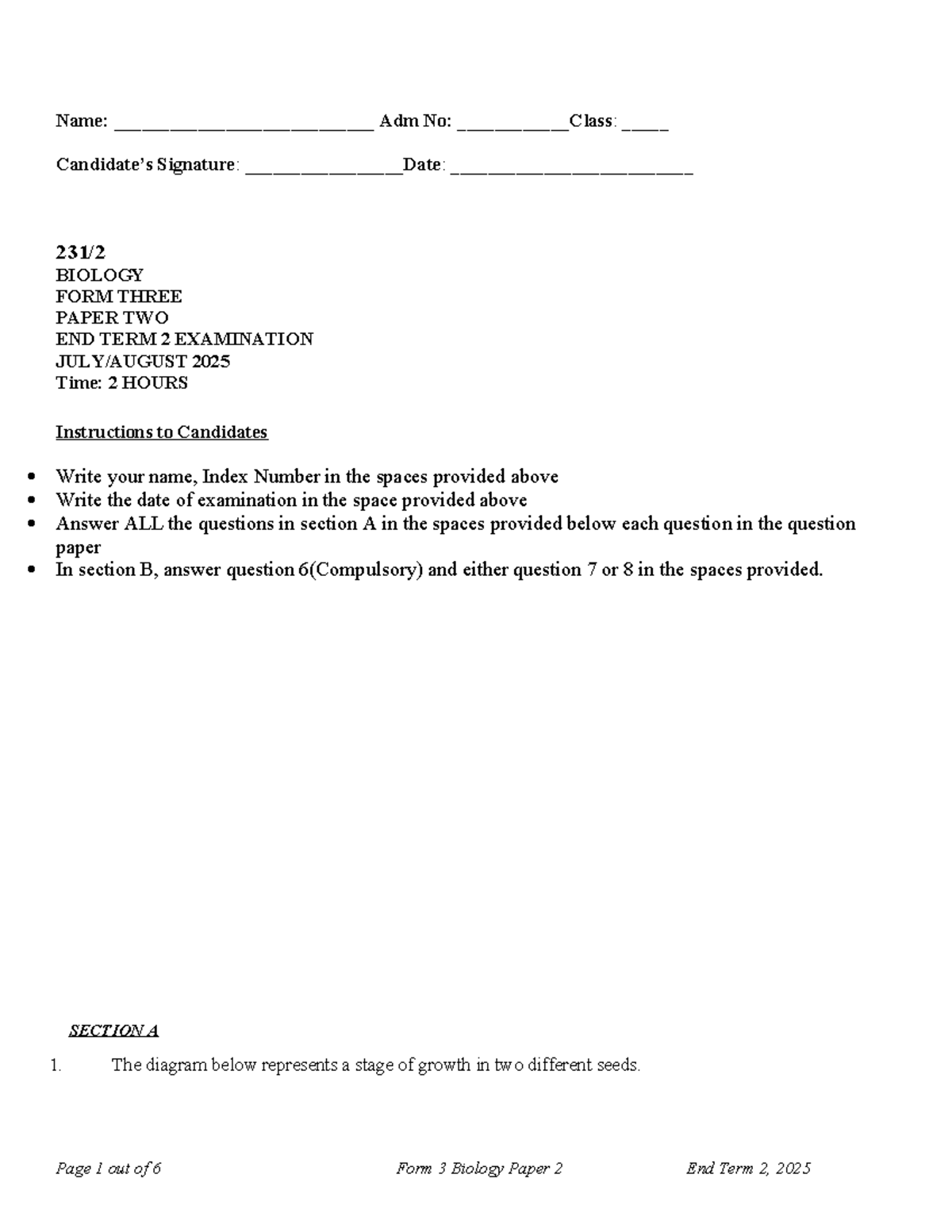 Biology Form 3 Paper 2 End Term 2 Exam Questions 2025 - Studocu