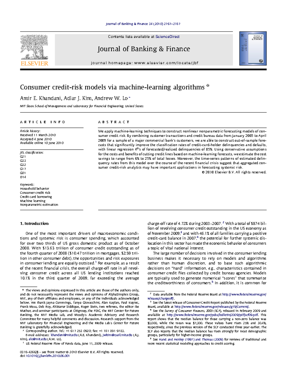 Consumer Credit Risk Models via Machine Learning Algorithms (FIN 101 ...
