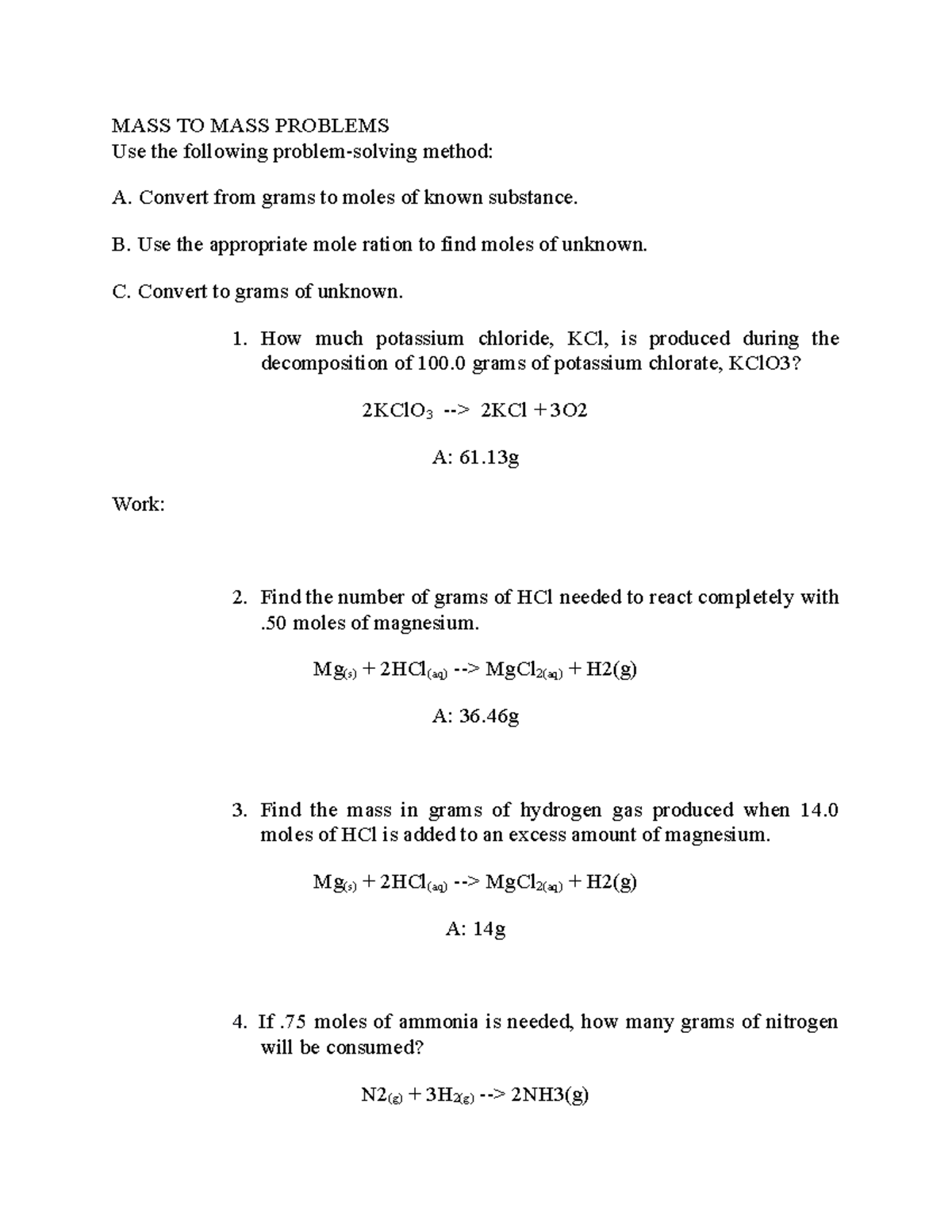 Mass to Mass Stoichiometry Practice Problems for Chem 101 - Studocu