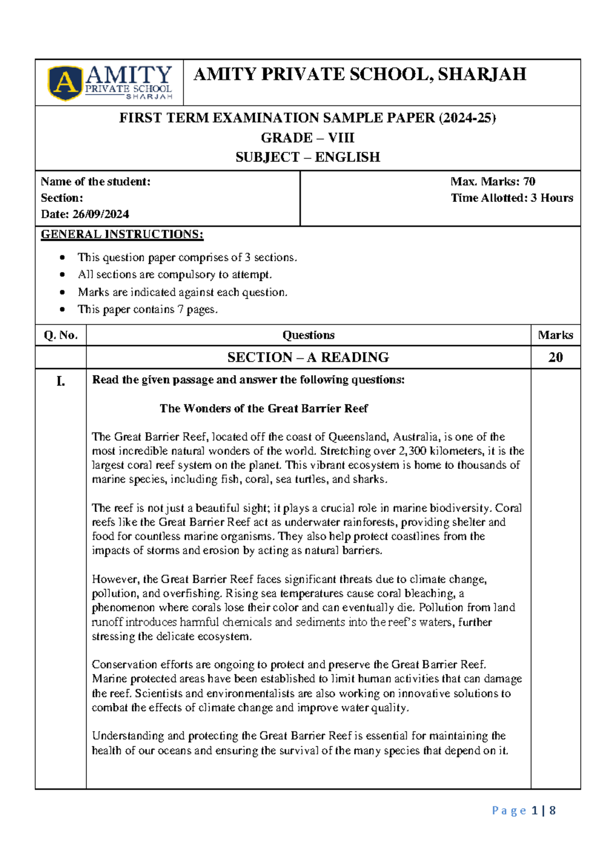 Grade 8 English First Term Examination Sample Paper (2024-25) - Studocu