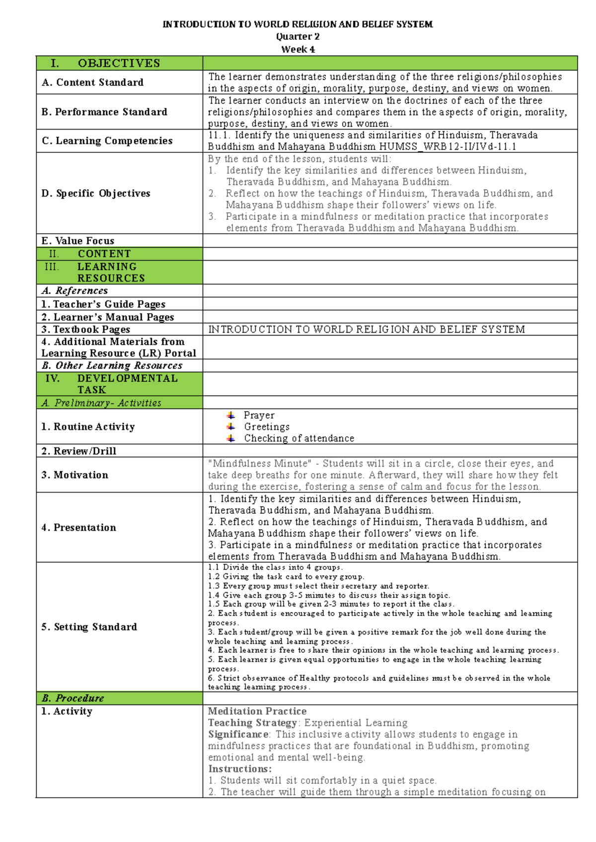Iwrbs Lesson Plan Week 4: Exploring Hinduism & Buddhism Concepts - Studocu
