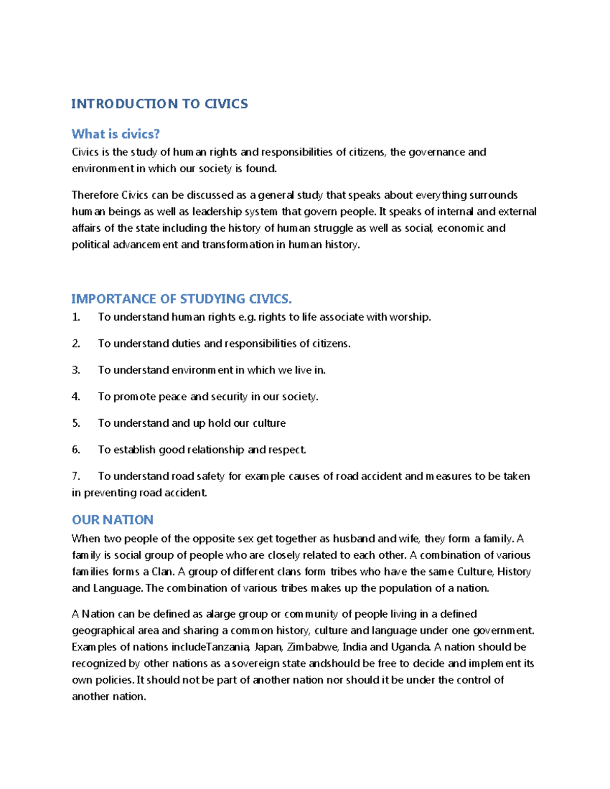 CIVICS NOTES FORM ONE: Understanding Citizenship and Human Rights - Studocu