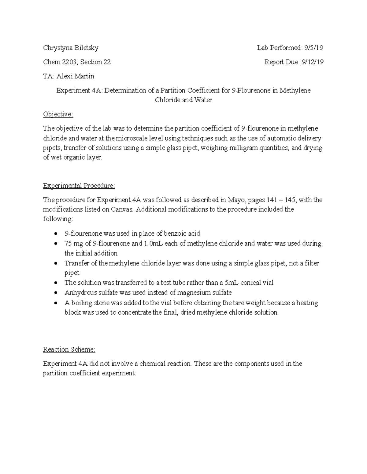 Lab Report 1 - Chem 2203 (Sec 22): Partition Coefficient Experiment ...