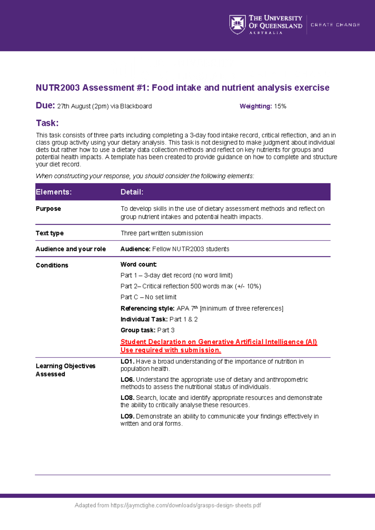 NUTR2003 Assessment 1: Food Intake & Nutrient Analysis Guide - Studocu