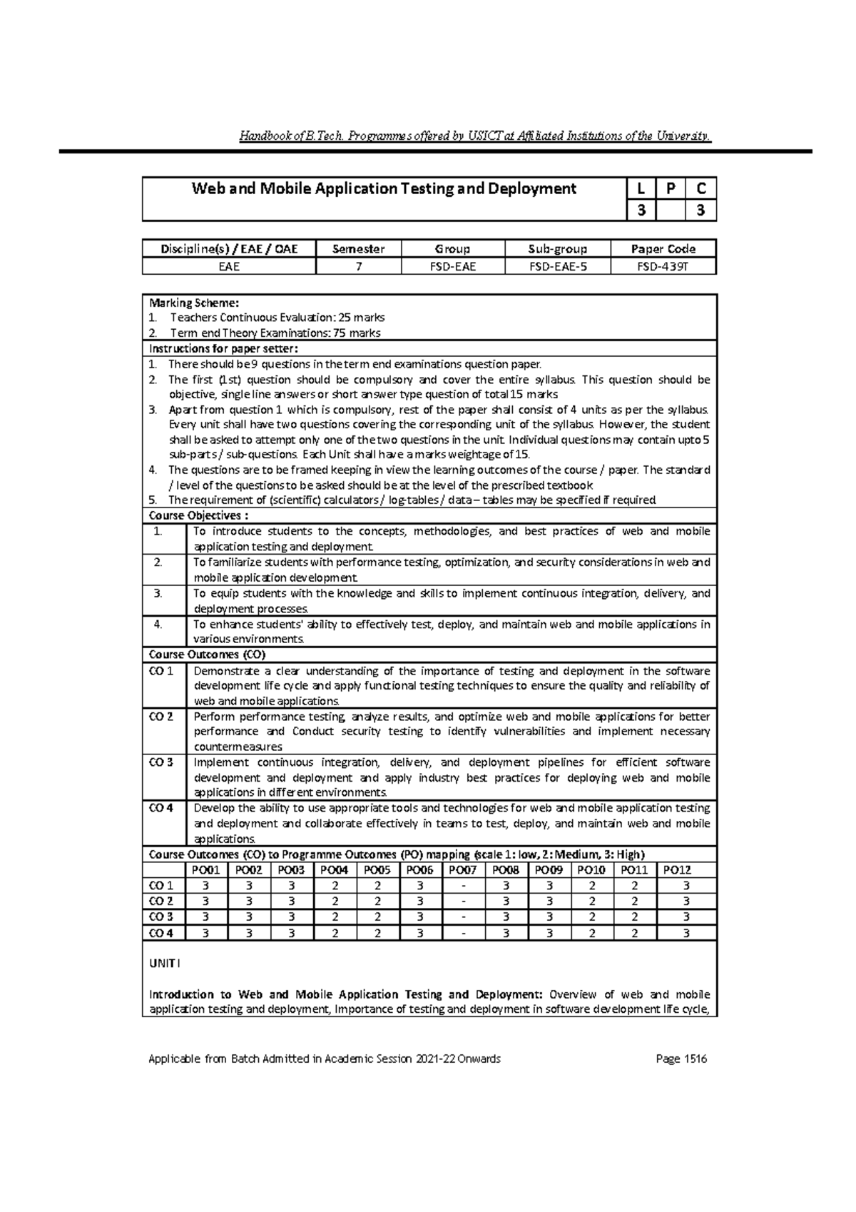 Web And Mobile Application Development Syllabus Handbook Of B Programmes Offered By Usict At