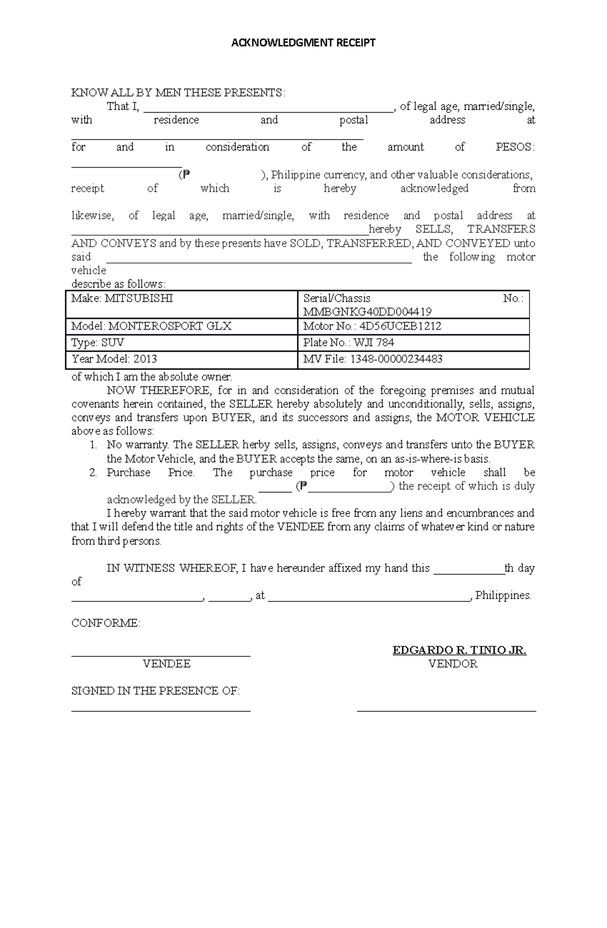 Sample Deed of Sale for Motor Vehicle Transactions - Studocu