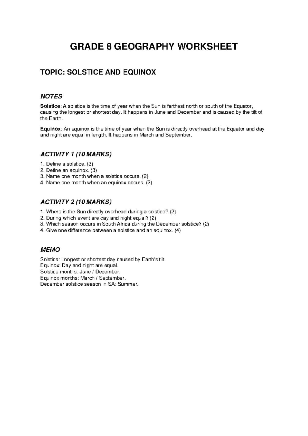 Grade 8 Geography Worksheet: Solstice & Equinox Notes - Studocu