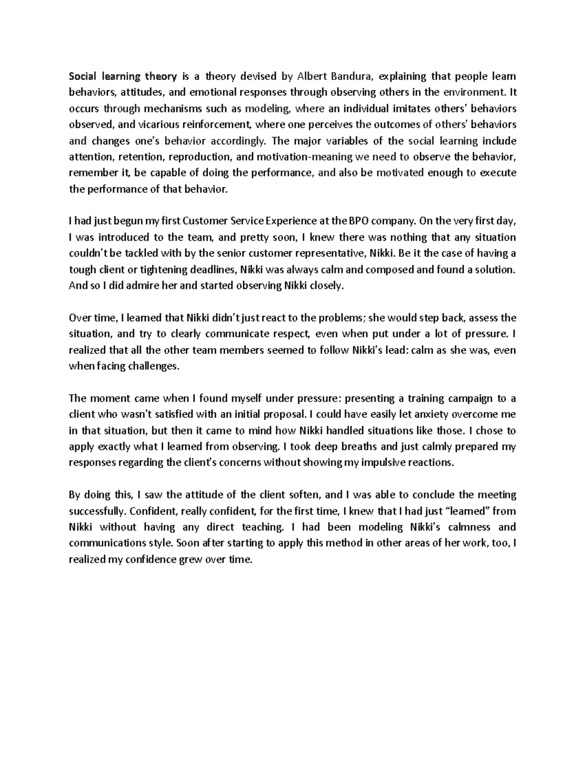 Reflection on Social Learning Theory and Personal Growth - HUM - Studocu