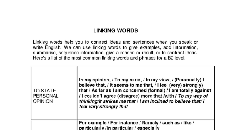 Linking Words for Advanced English (B2 Level) - Studocu