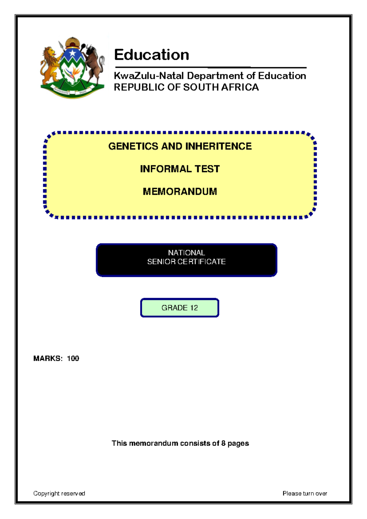 Genetics and Inheritance Topic Test Memorandum NSC G12 - Studocu