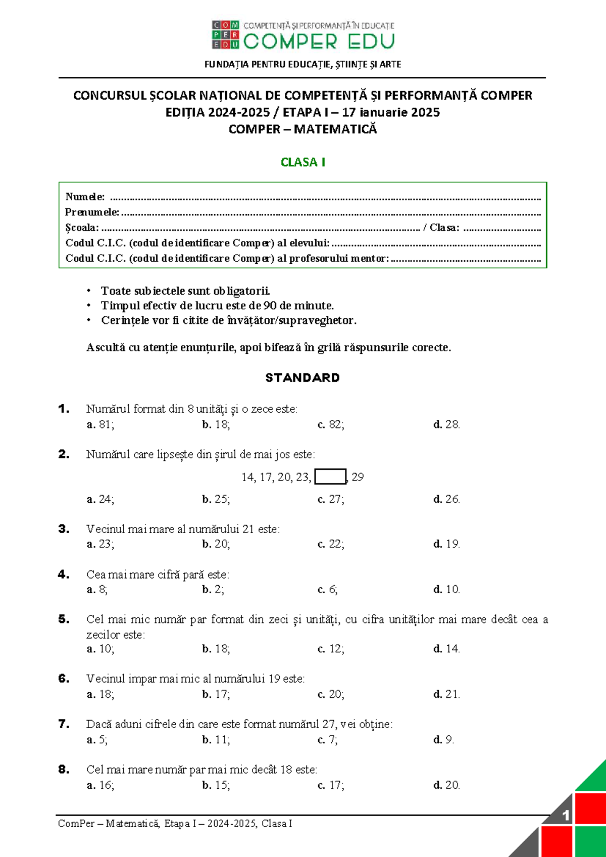 Subiecte Comper Matematică Etapa I 2024-2025 Clasa I - Studocu