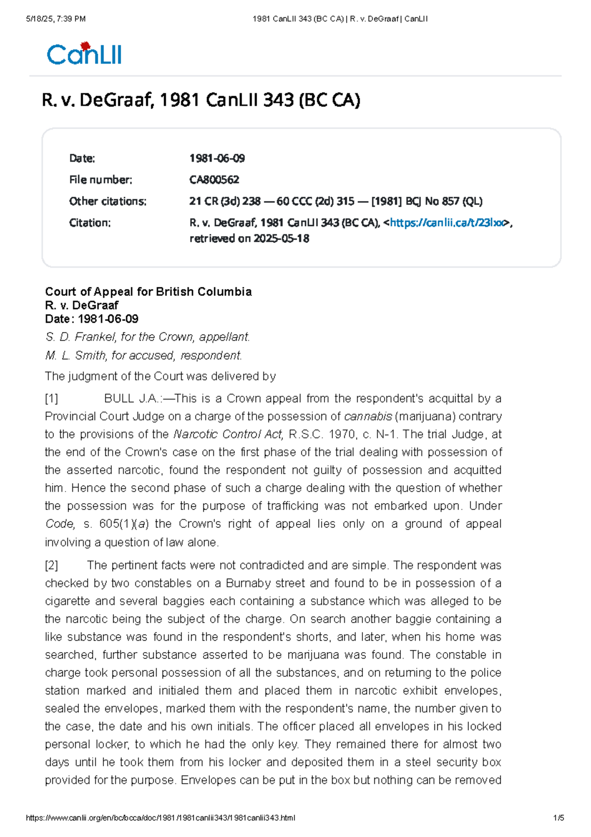 R. v. DeGraaf, 1981 CanLII 343 (BC CA) - Appeal Judgment Analysis - Studocu