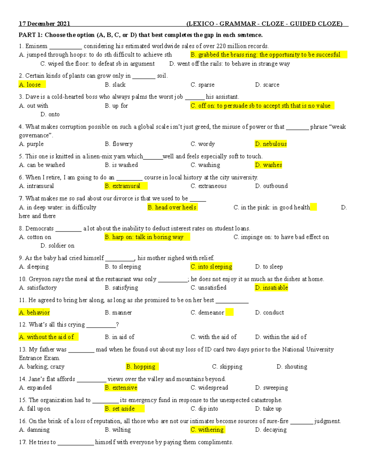 LEXICO - GRAMMAR: Guided Cloze Exercises for Gifted Students - Studocu