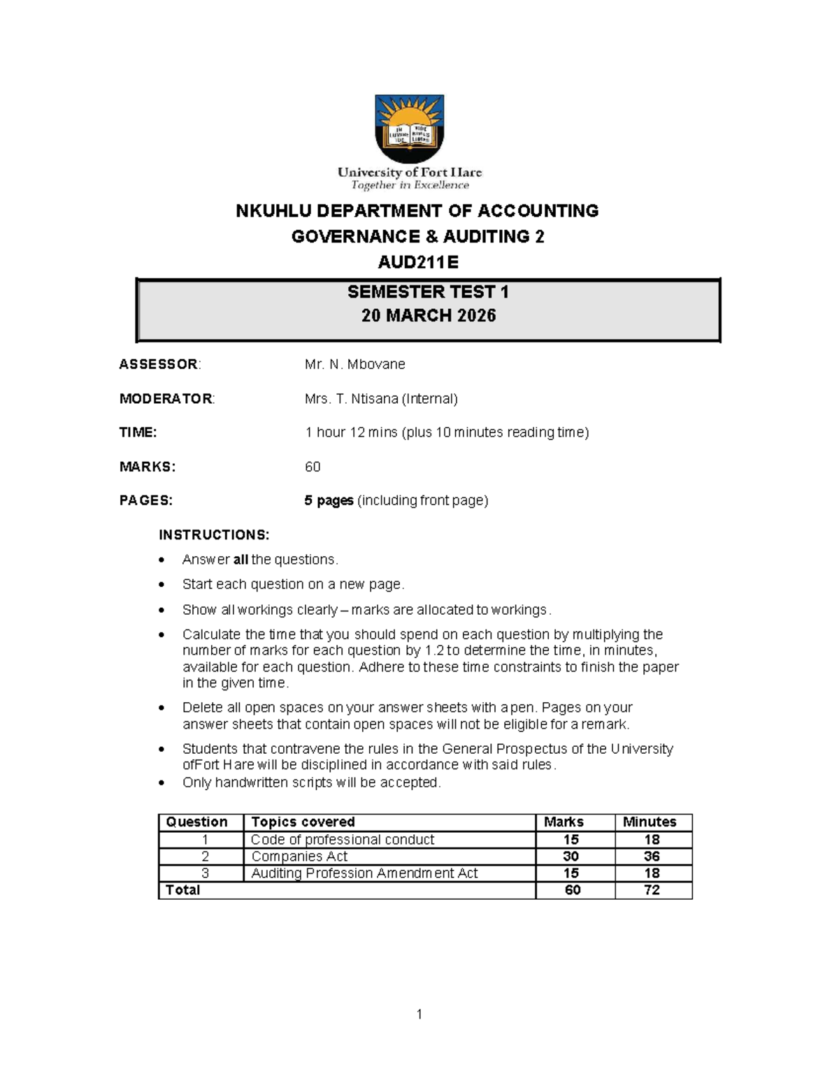 AUD211E Semester Test 1: Governance & Auditing Overview - Studocu