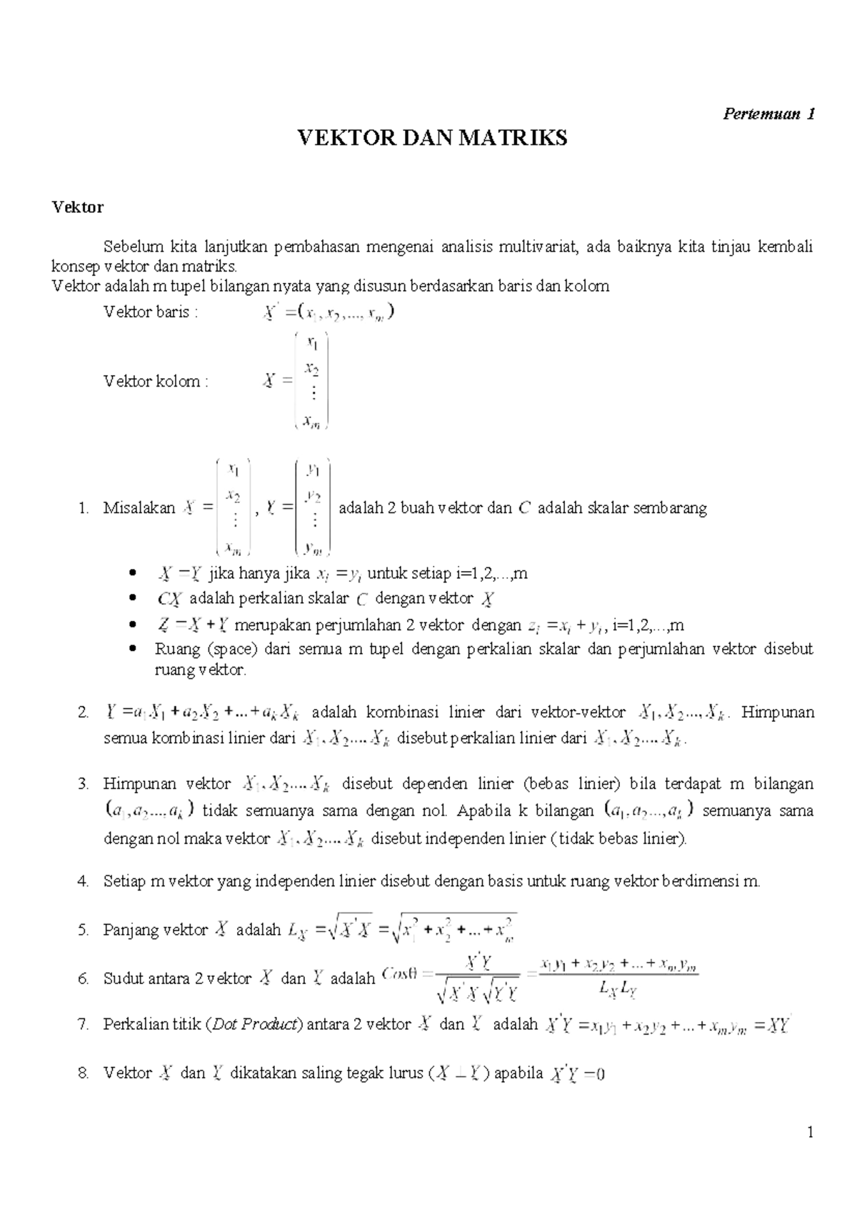 Pertemuan 1: Vektor dan Matriks dalam Analisis Multivariat - Studocu
