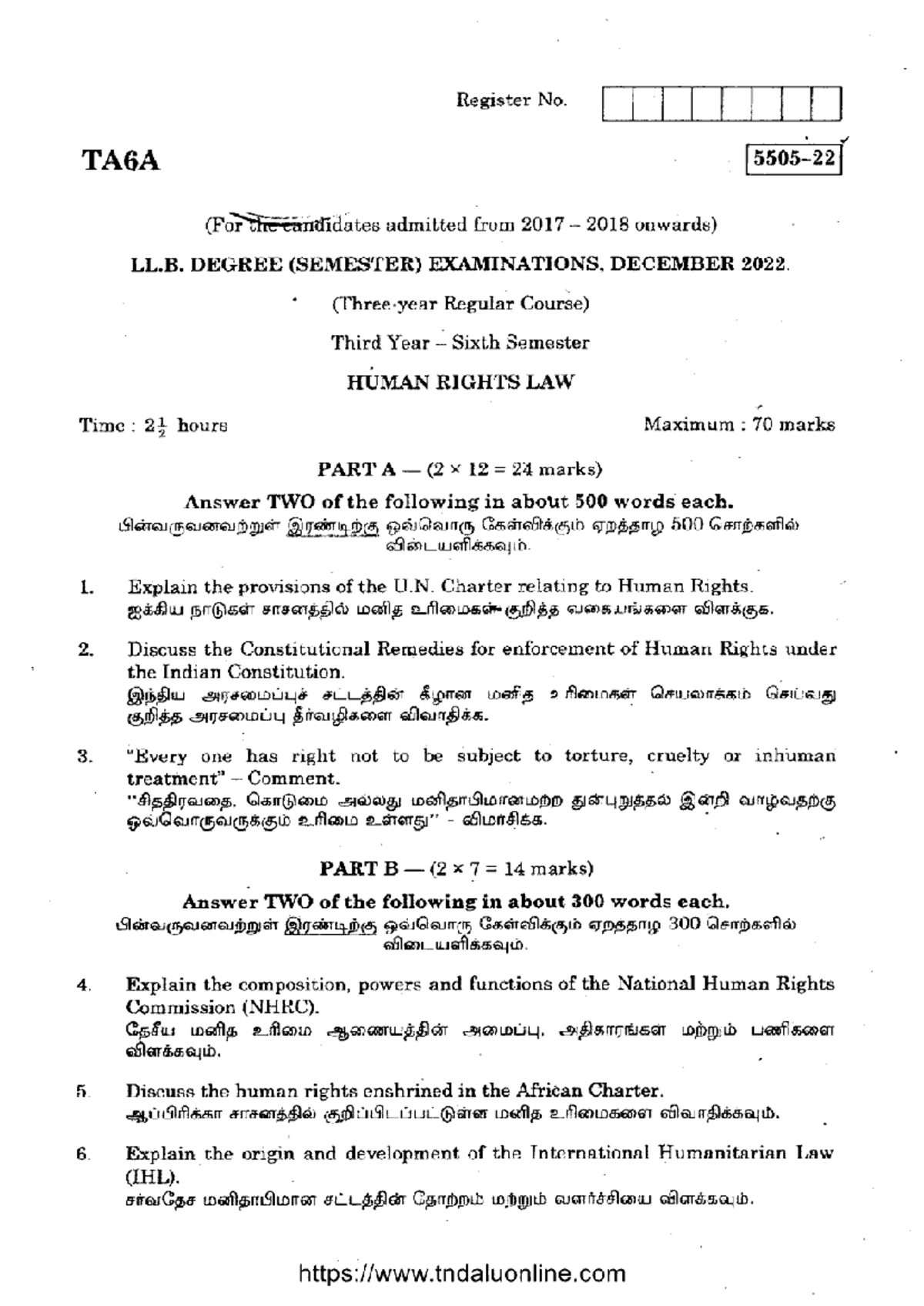 LL.B. 6th Sem Human Rights Law Exam Questions - Dec 2022 - Studocu