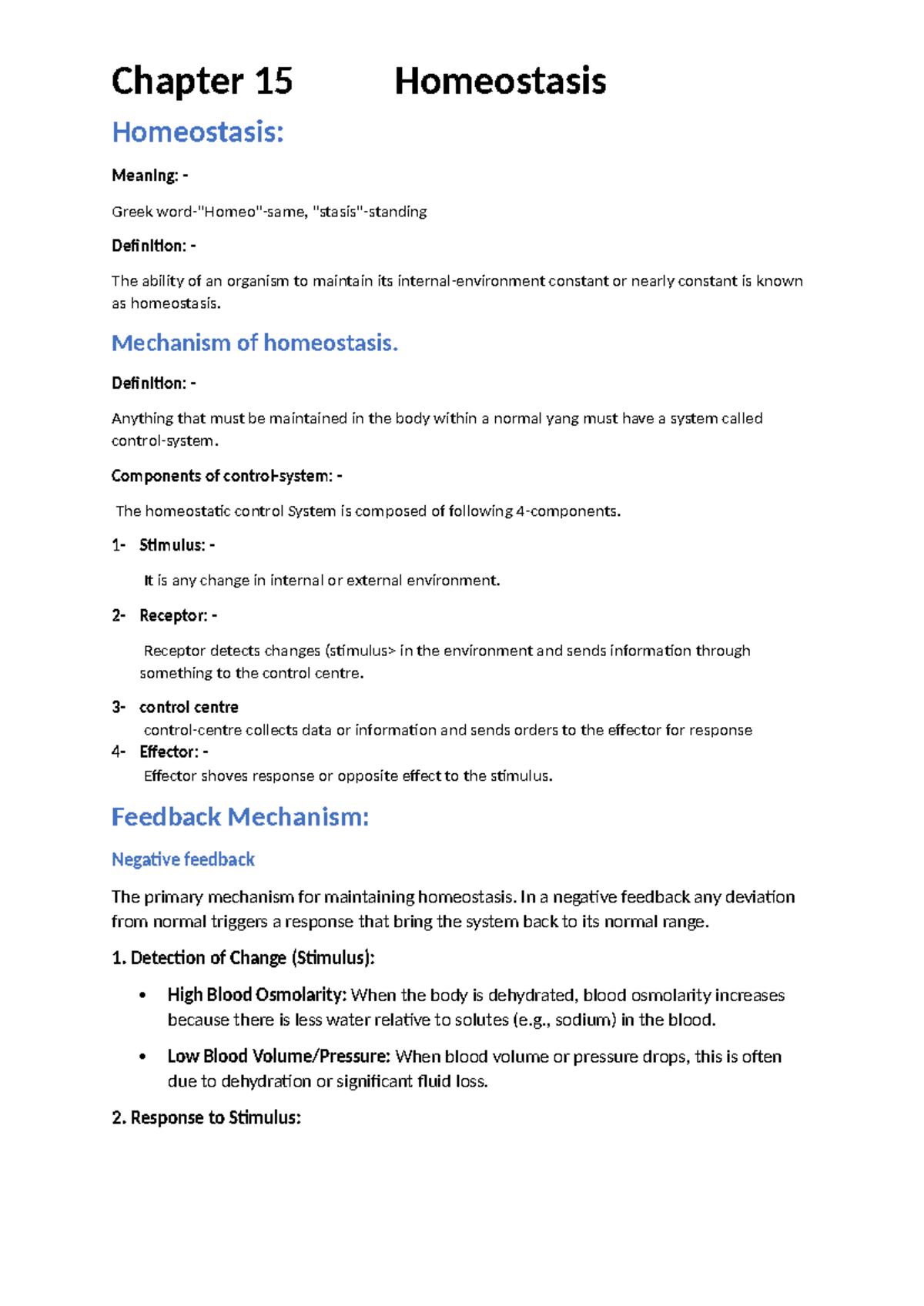 Chapter 15 - yf6d6f76t7 - Homeostasis: Meaning: - Greek word-"Homeo ...