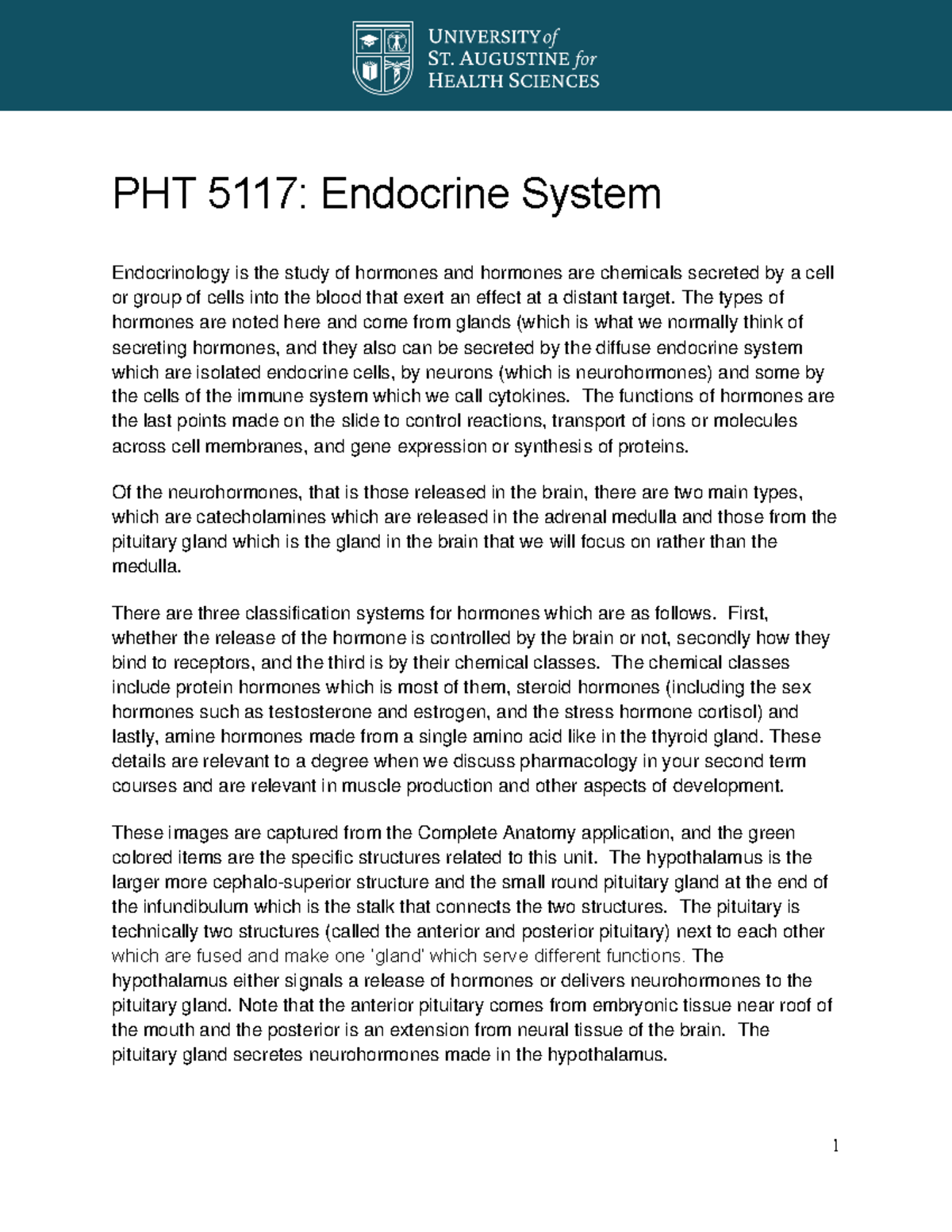 PHT 5117: Overview of Hormones & Endocrine System Mechanics - Studocu