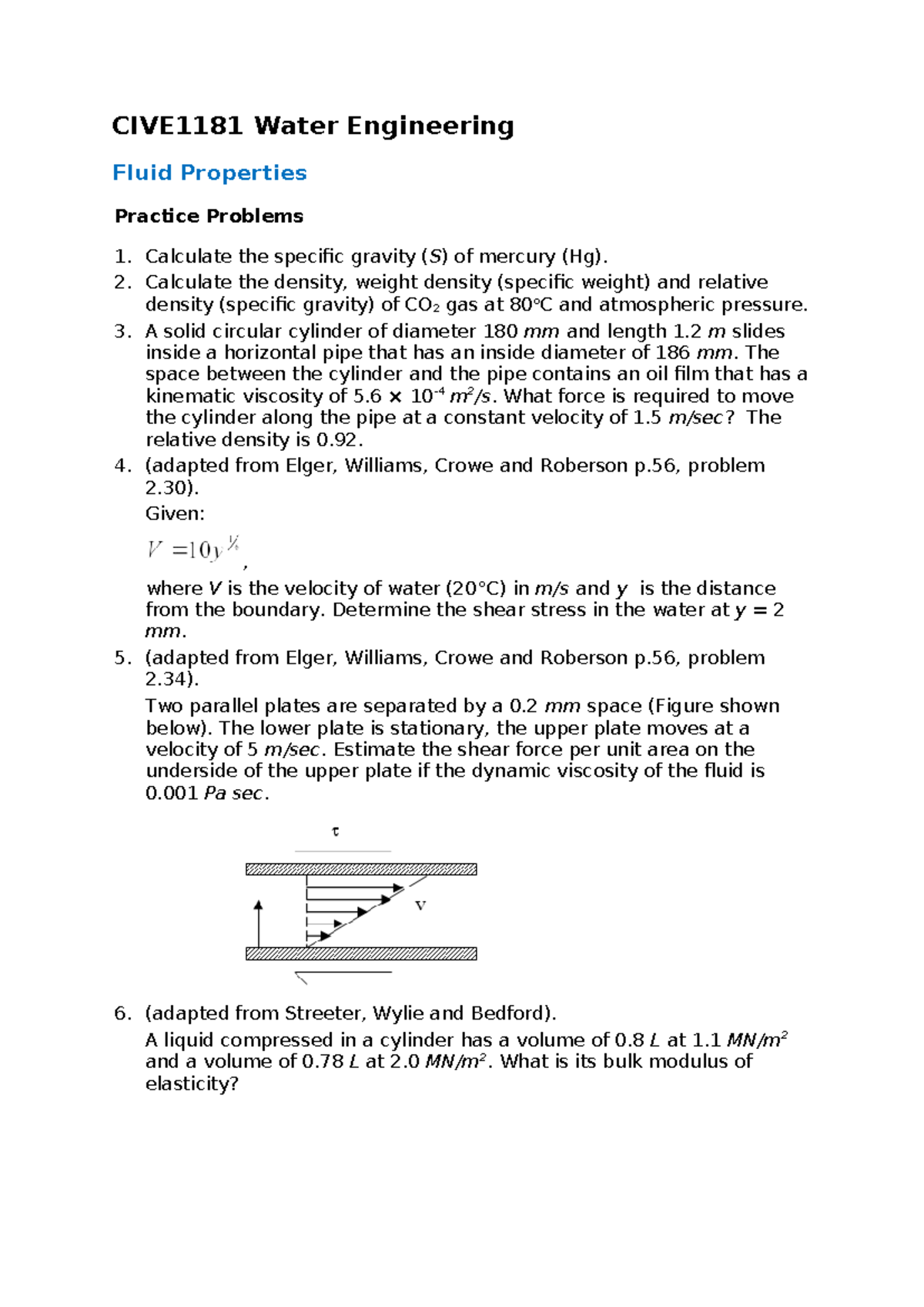 CIVE1181 Fluid Properties Practice Problems Week 1 Solutions - Studocu