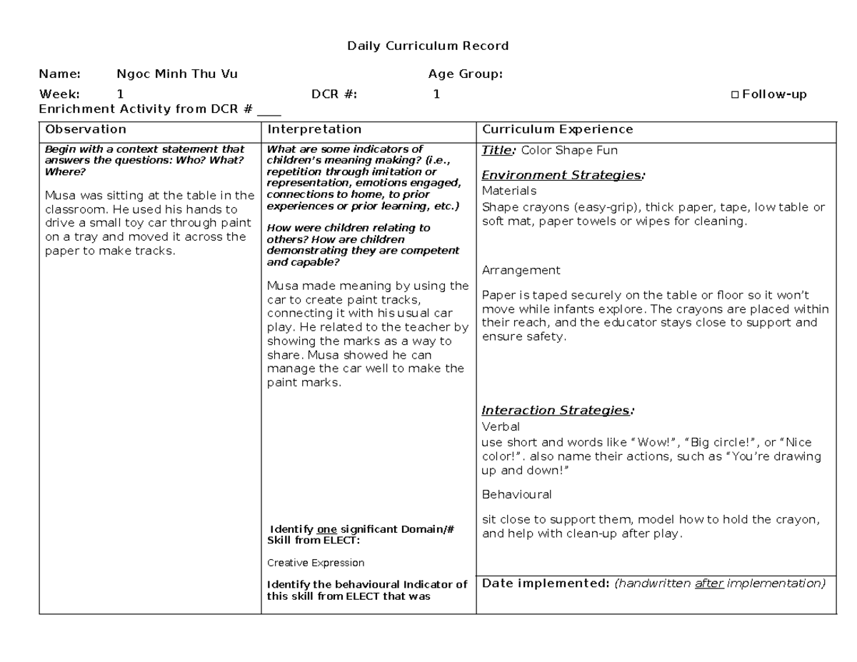 DCR 1: Week 1 Enrichment Activity - Color Shape Fun Observation - Studocu