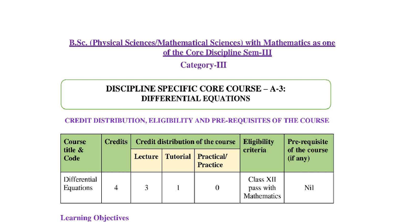 B.Sc. (Physical Sciences) Differential Equations Syllabus - Sem 3 - Studocu