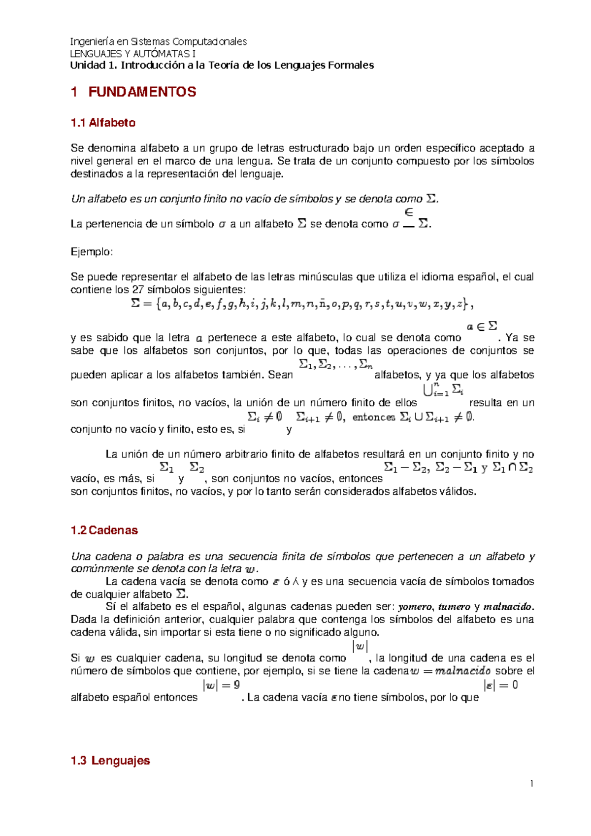 Ingeniería en Sistemas Computacionales LENGUAJES Y AUTÓMATAS I - Unidad 1: - Studocu