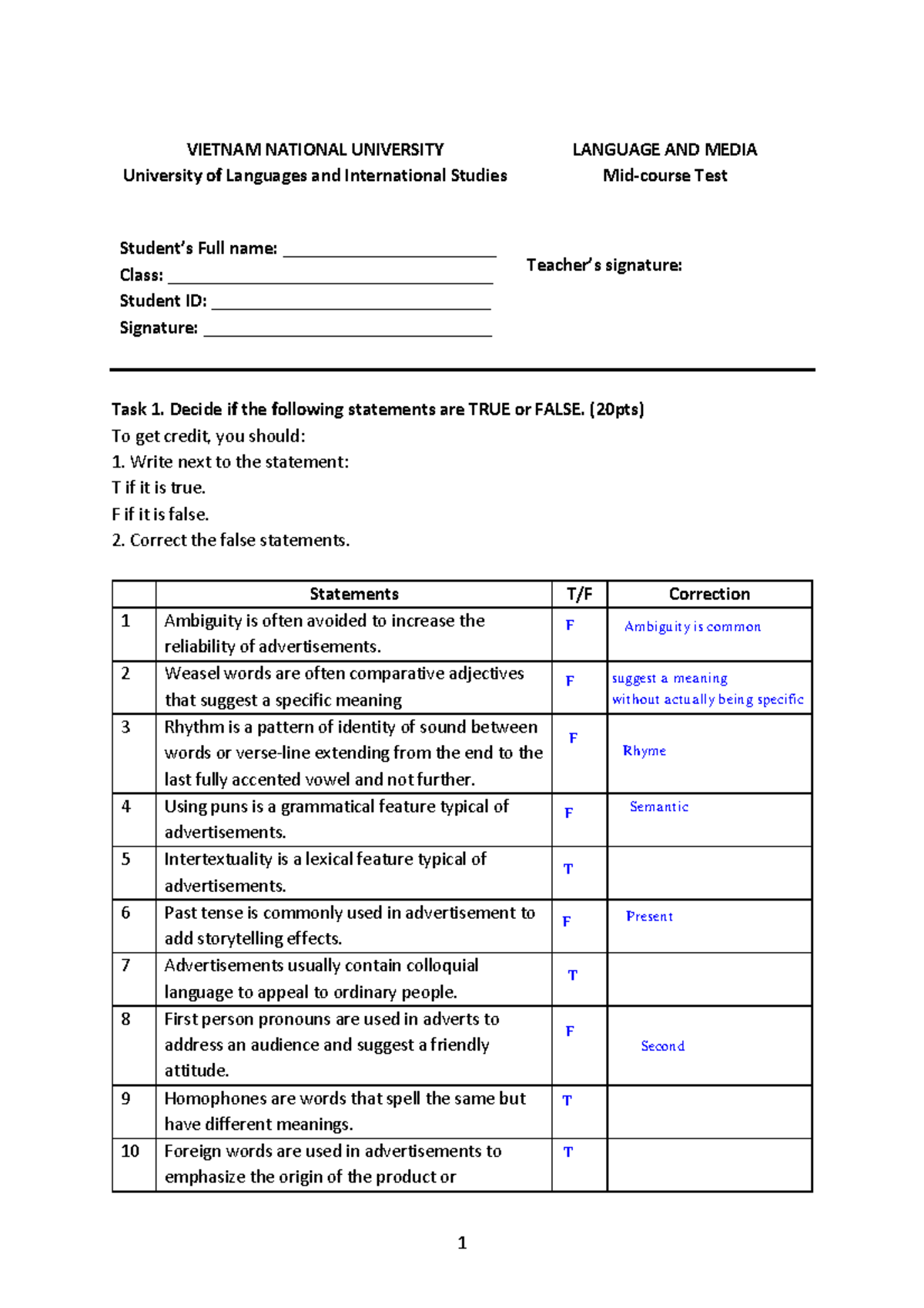 LM-Test 1 201: Language and Media True/False & Slogan Analysis - Studocu