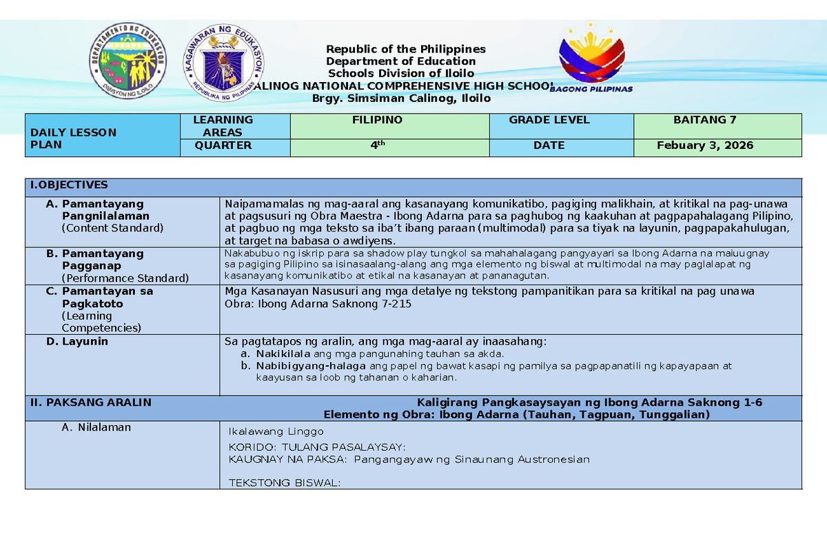 LP-DAY 4: Daily Lesson Plan for Filipino Grade 7 on Ibong Adarna - Studocu