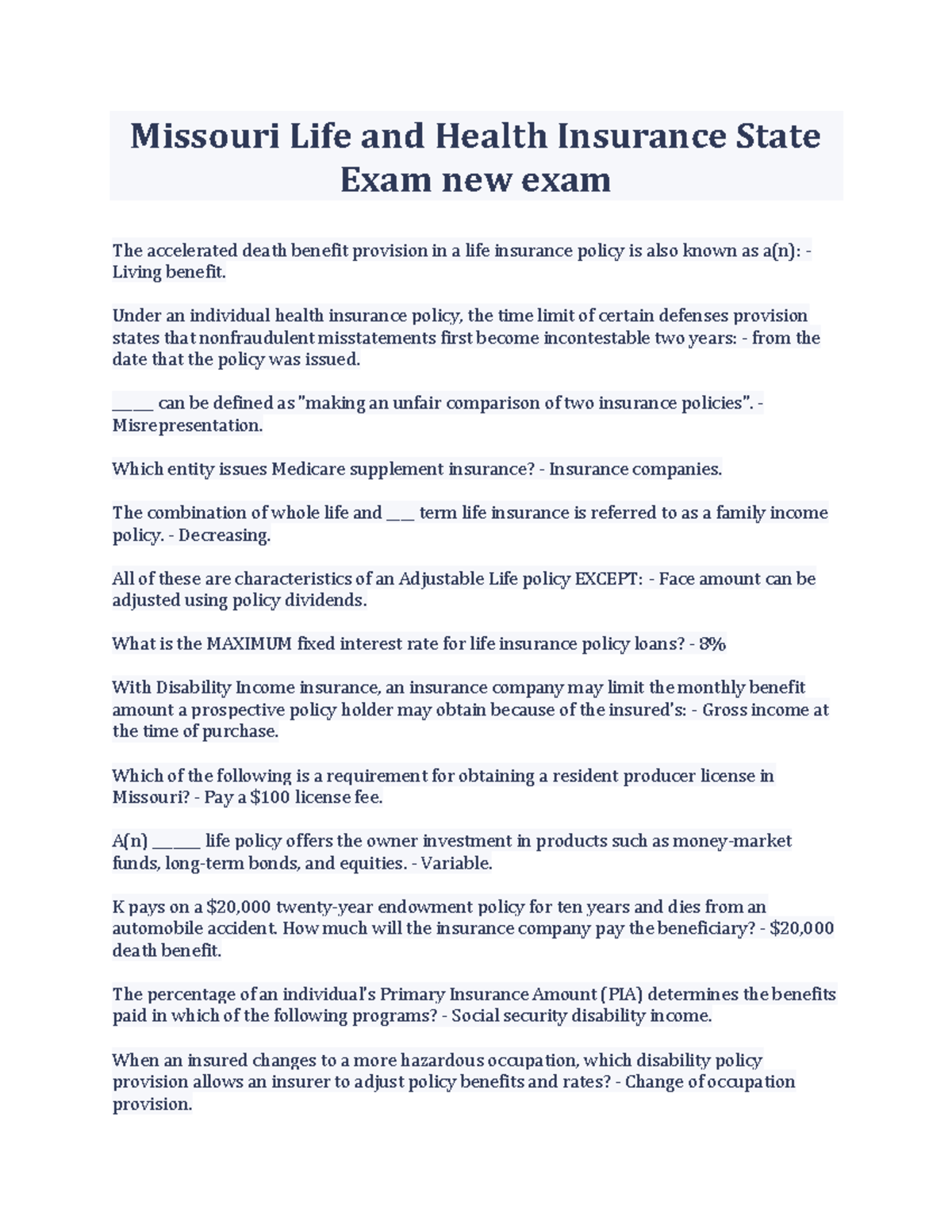 Missouri Life and Health Insurance State Exam Review Guide - Studocu