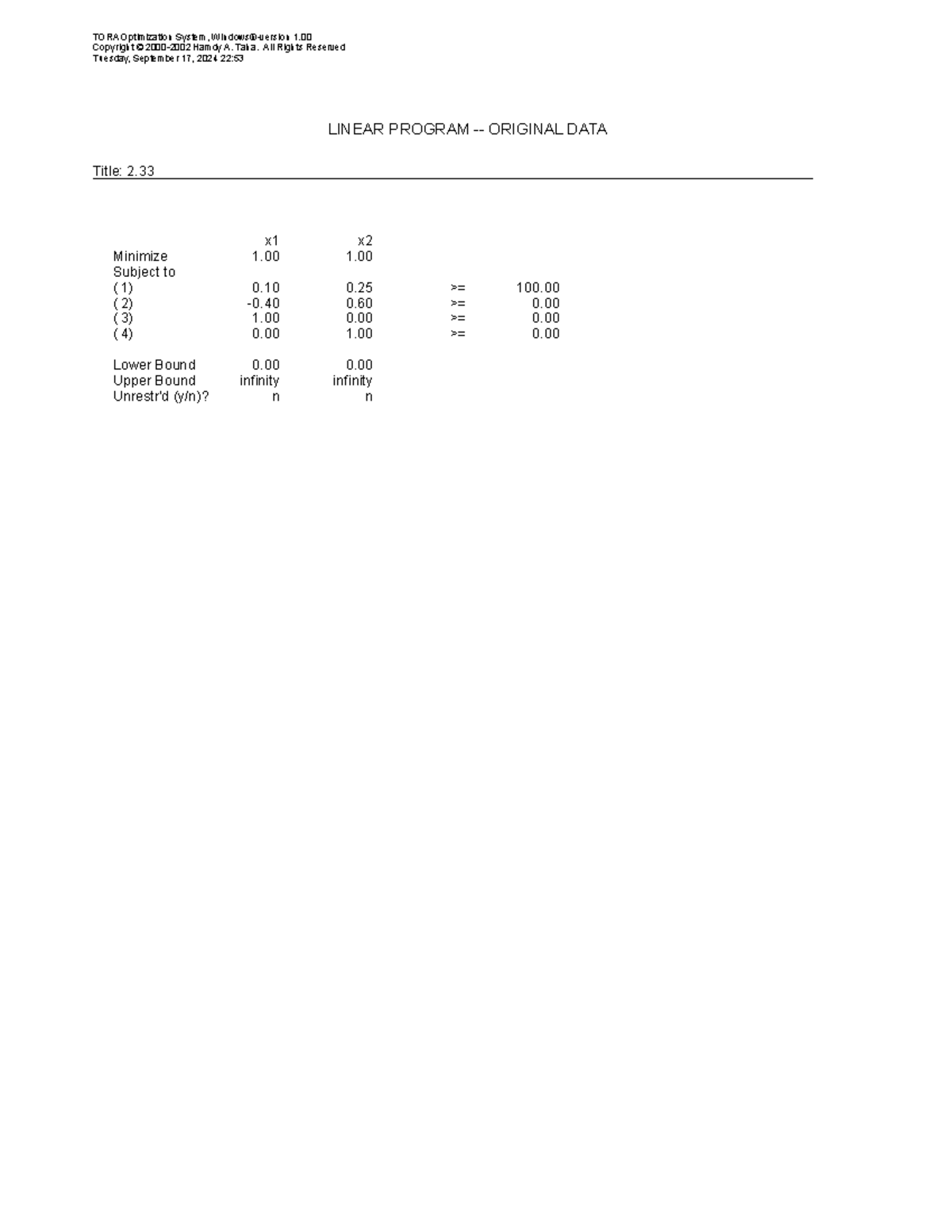 TORA Optimization System: Linear Programming Data & Constraints - Studocu