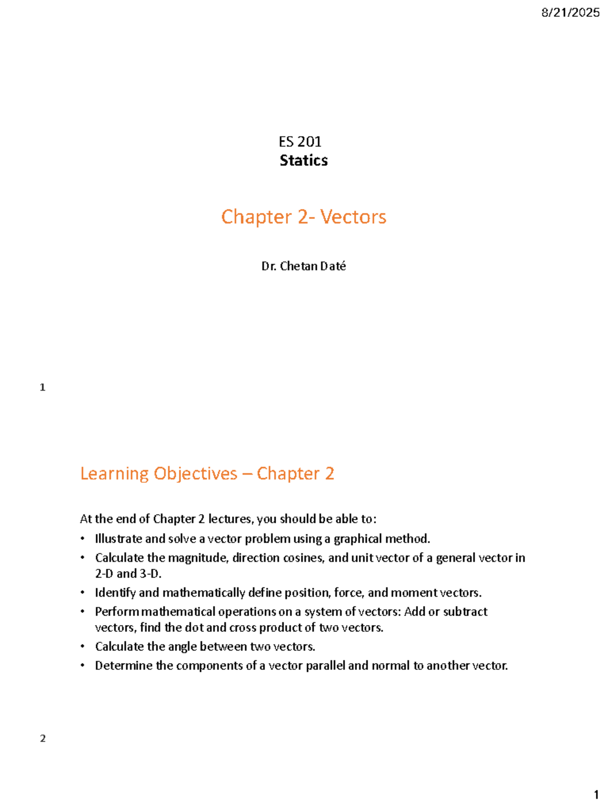 ES 201 Statics Chapter 2: Understanding Vectors and Applications - Studocu