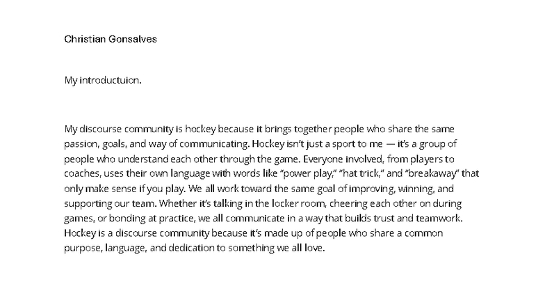 Hockey Discourse Community: My Introduction Assignment - Studocu