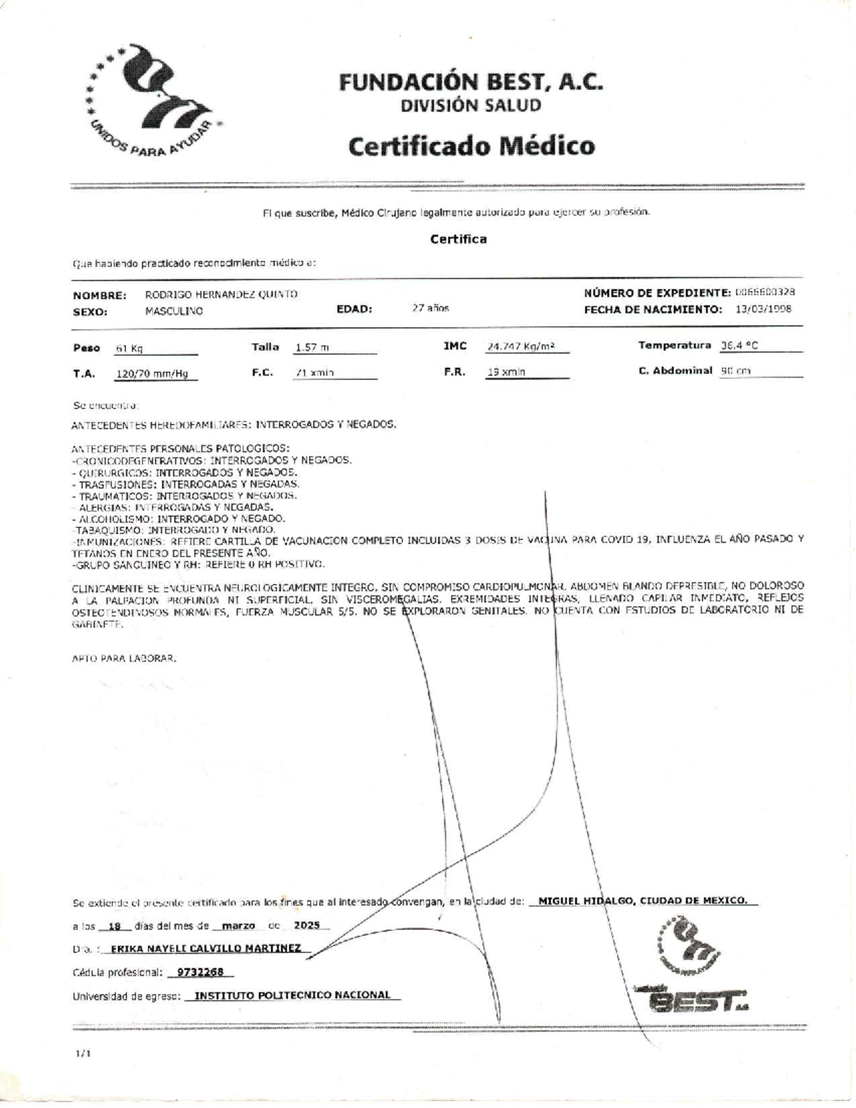 Certificado Médico de Rodrigo Hernández Quinto - Expediente 0066600328 ...