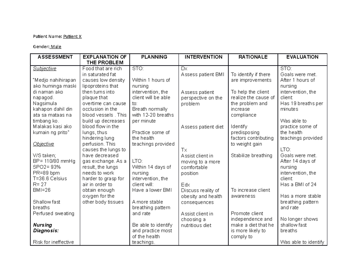 Respi-NCP-Potential - Ncp - Patient Name: Patient X Gender: Male ASSESSMENT EXPLANATION OF THE ...