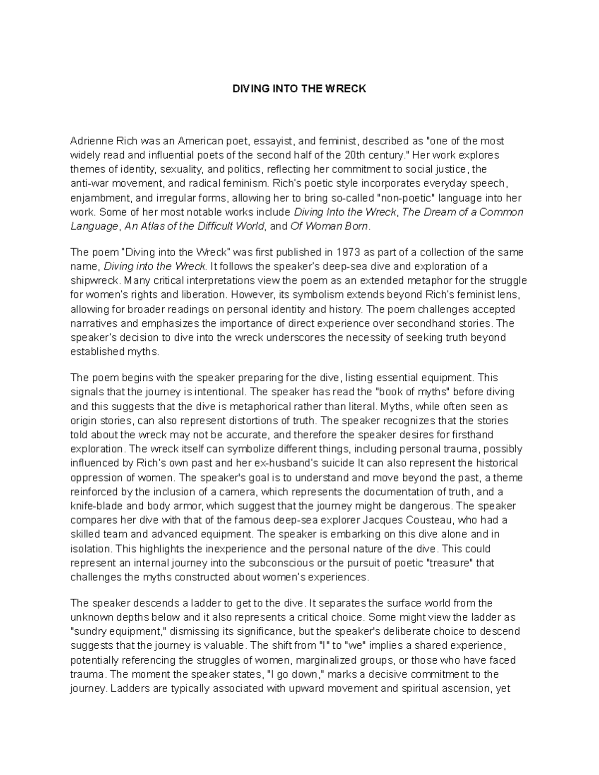 Diving Into the Wreck: Summary of Adrienne Rich's Poem - M A English ...