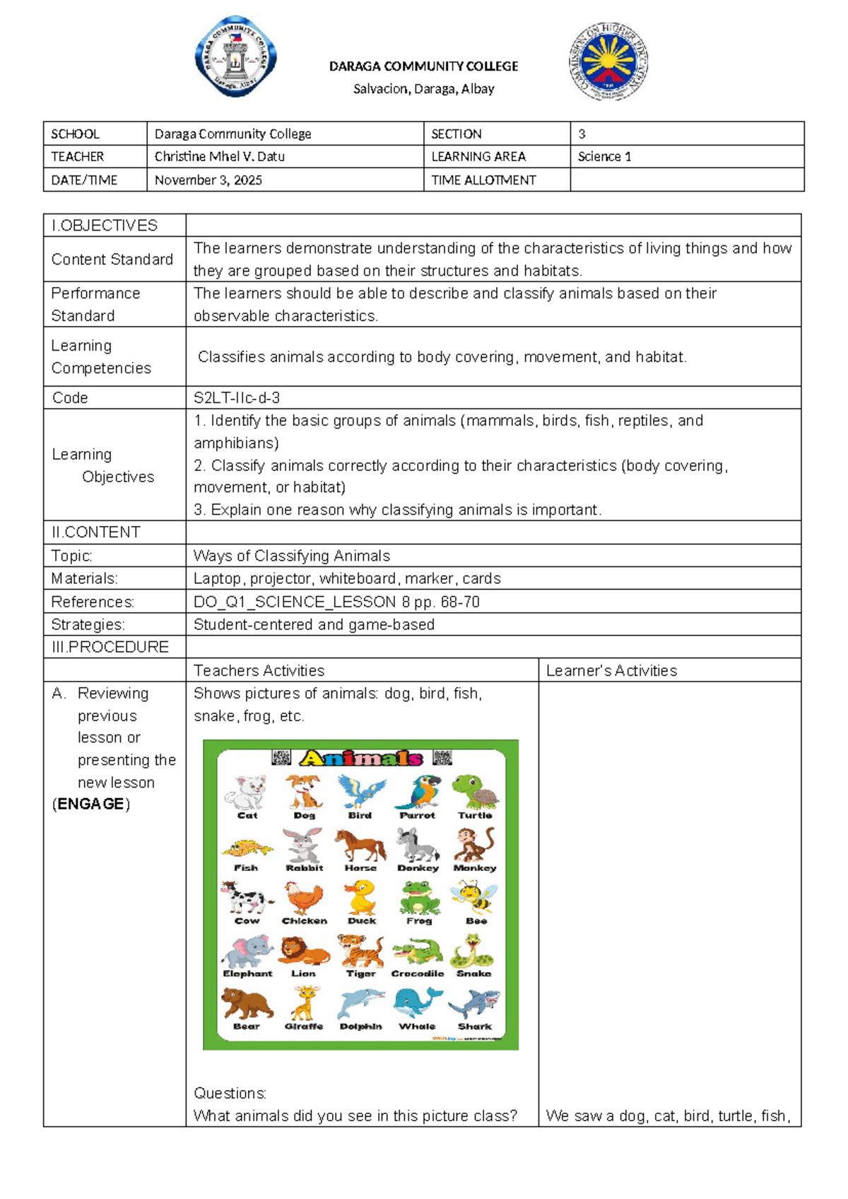 DLP_SCIENCE_LESSON 8: Classifying Animals and Their Characteristics ...