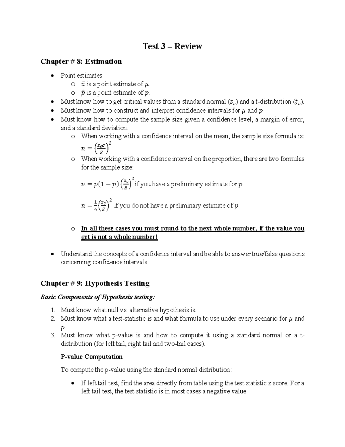 Test 3 Review: Estimation and Hypothesis Testing - Studocu