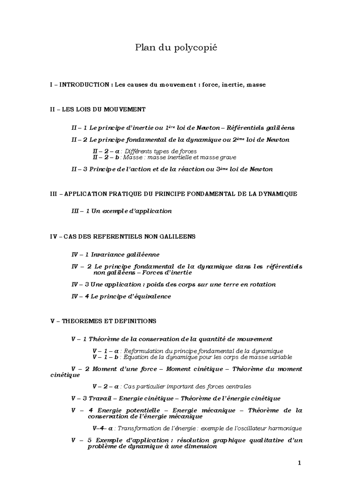 Cours L1 dynamique - physique - Plan du polycopié I – INTRODUCTION ...