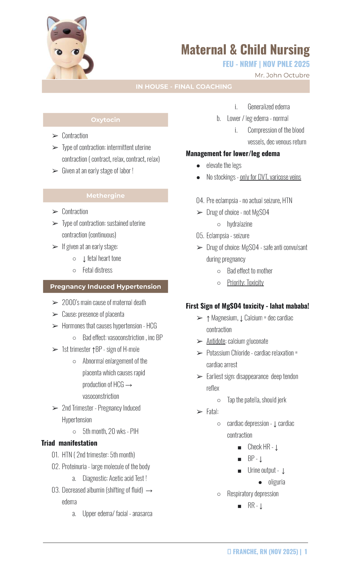 Maternal Child Nursing FEU NRMF NOV PNLE 2025 Final Coaching Notes ...