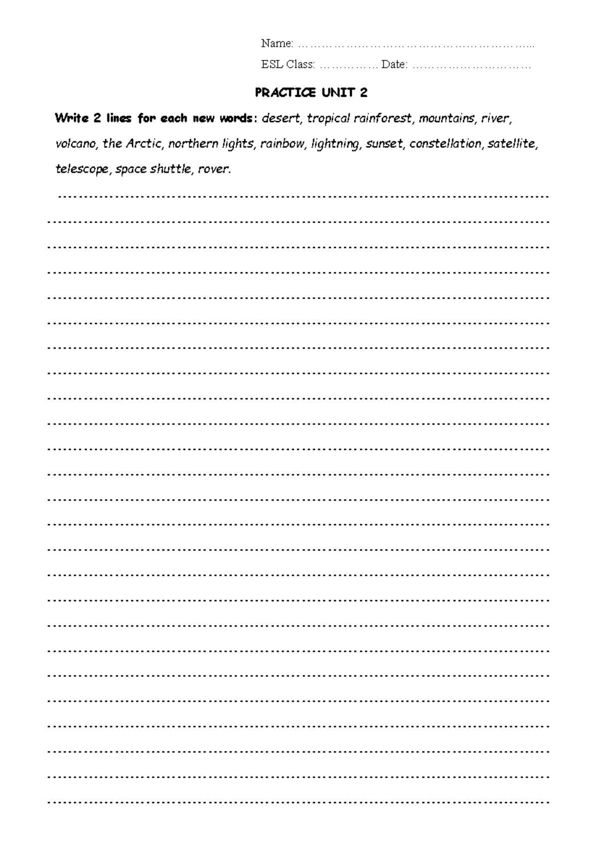 Unit 2 ESL Practice Worksheet: Vocabulary & Grammar Exercises - Studocu