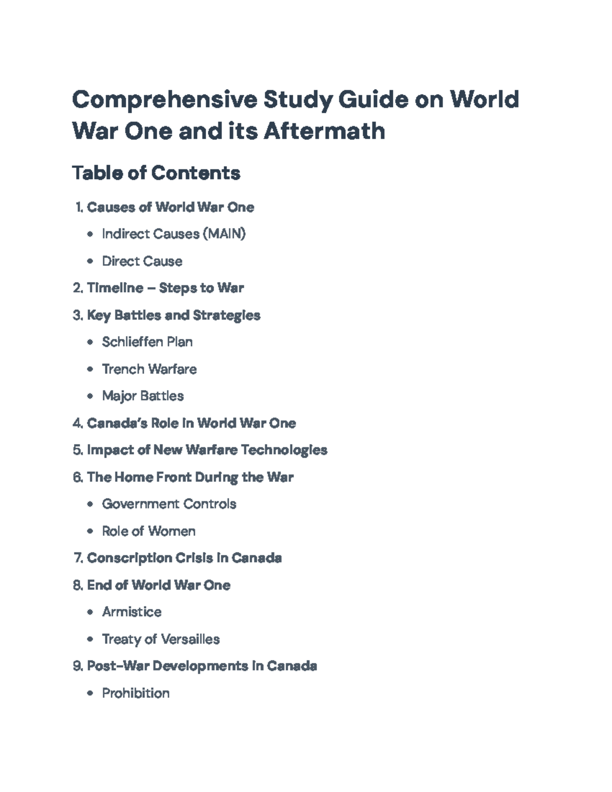 Comprehensive Study Guide: World War One & Canada's Involvement ...