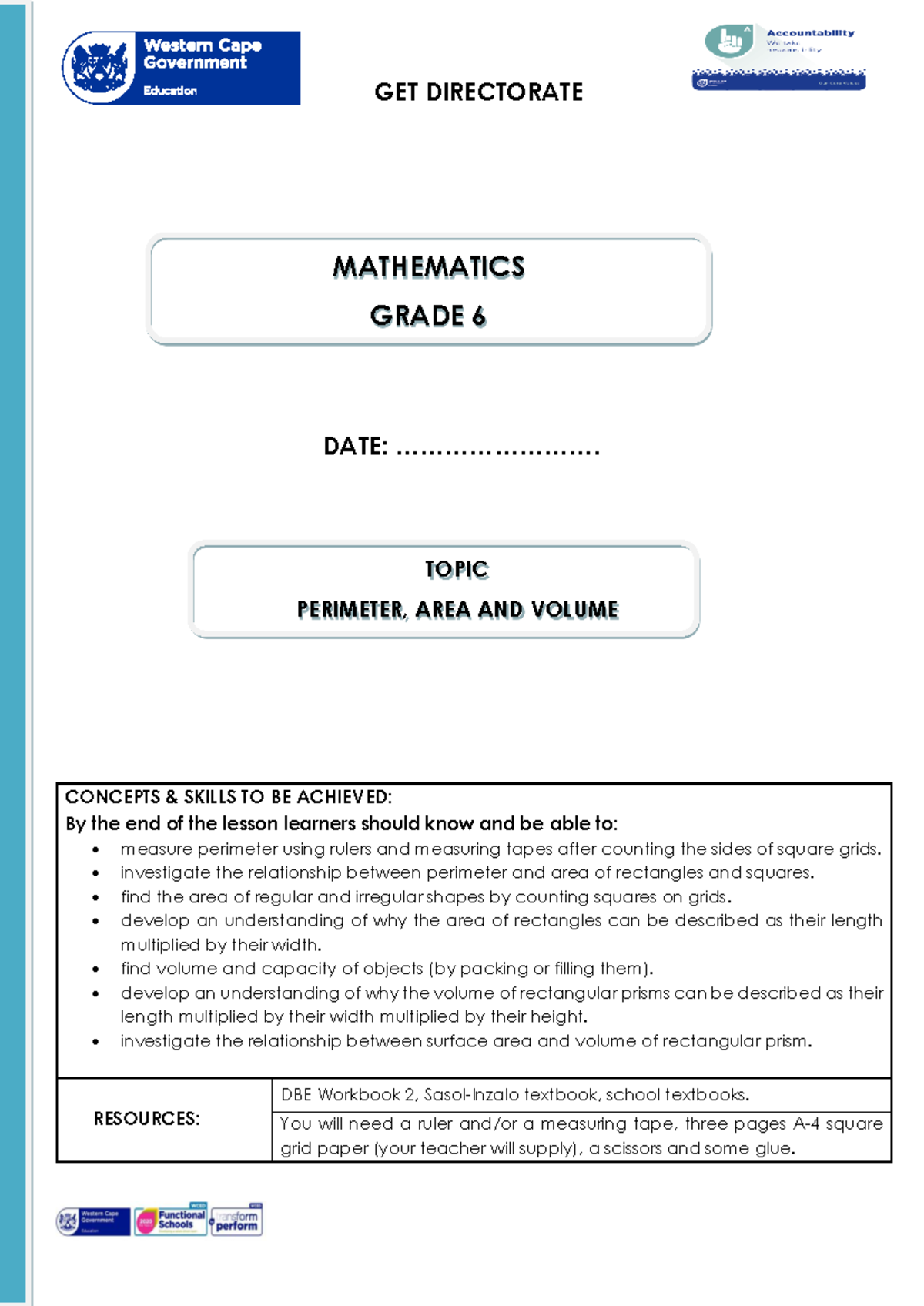 Gr 6 Maths Lesson: Perimeter, Area & Volume Concepts T3 W5 - Studocu