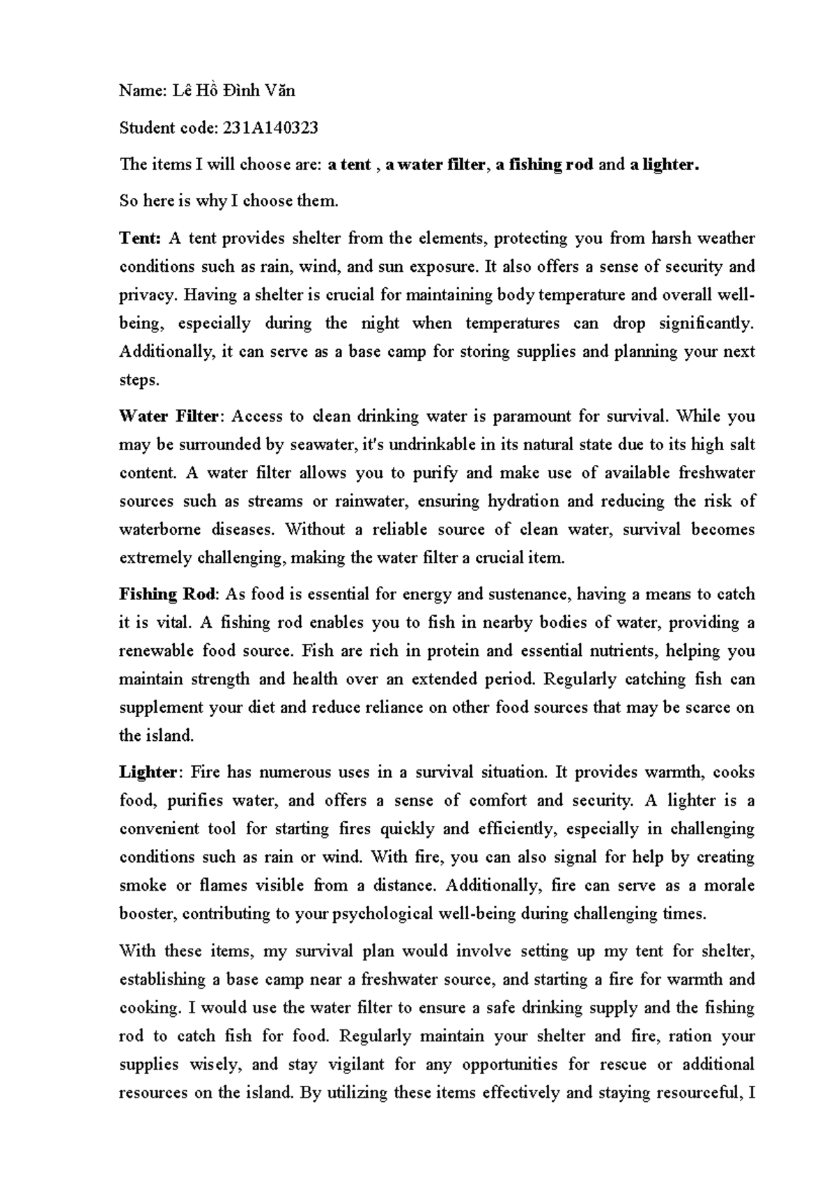 Island Survival Essay: Essential Items for Survival Planning - Studocu