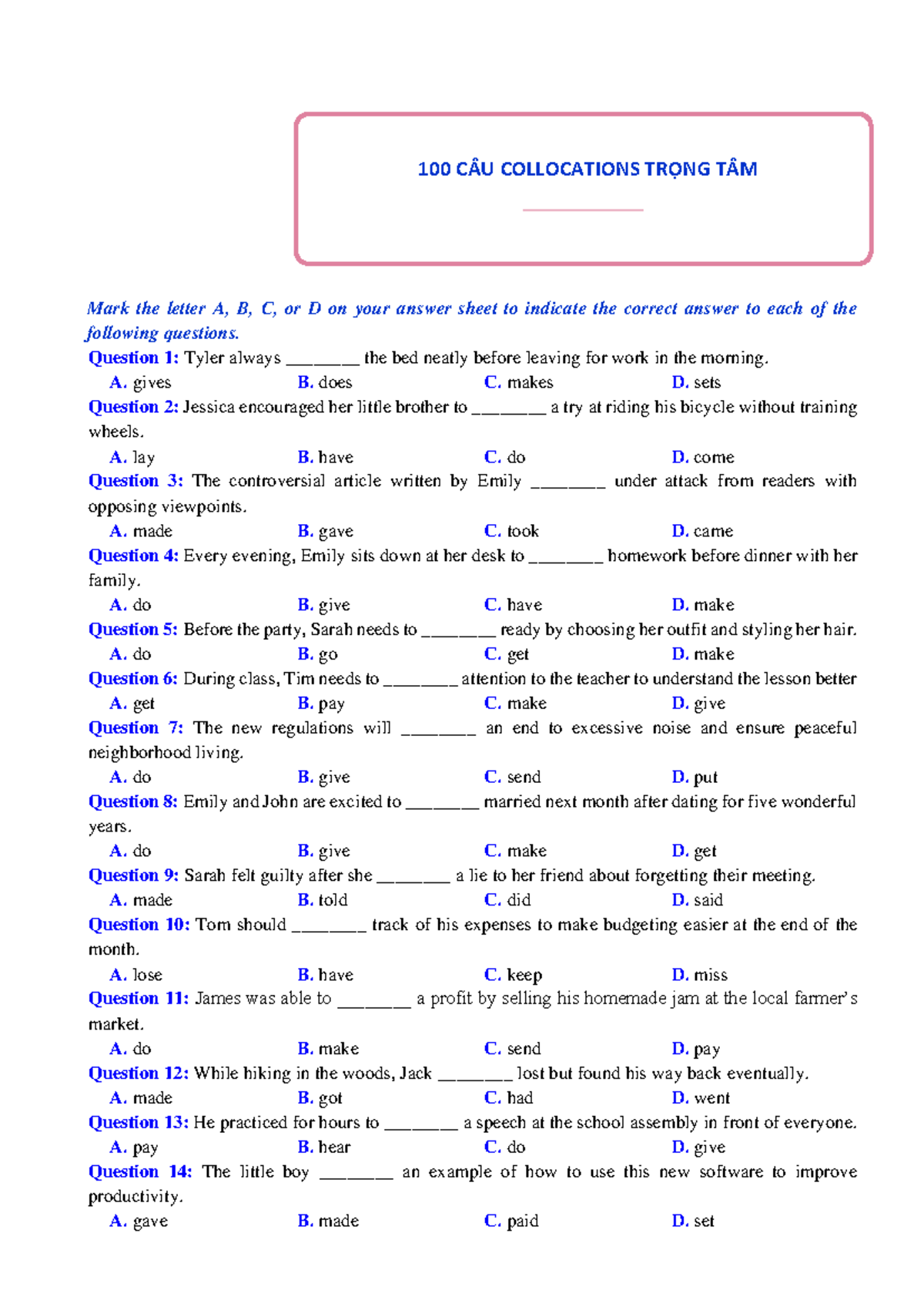 100 CÂU COLLOCATIONS TRỌNG TÂM - Practice Questions and Answers - Studocu