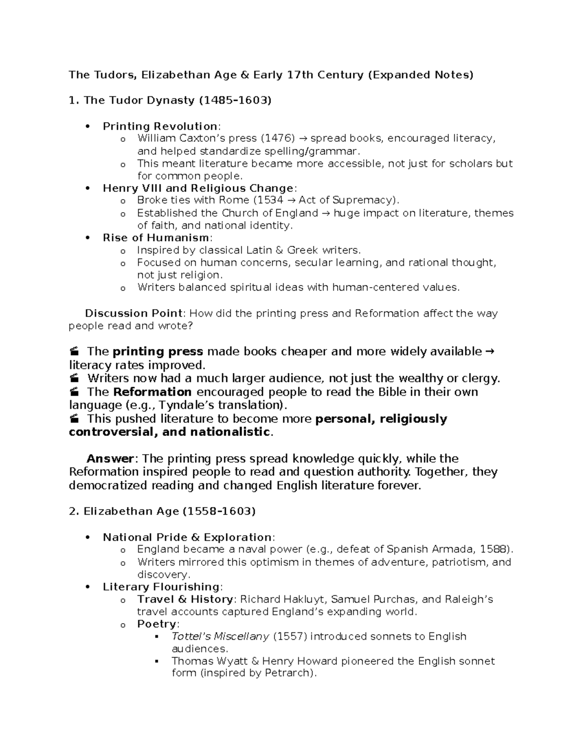 Summary: Elizabeth I and the Elizabethan Era (Expanded Notes) - Studocu