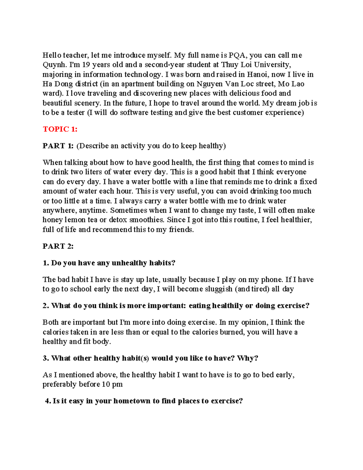 Speak TA2 - Key Listening Notes for Self-Introduction and Health - Studocu