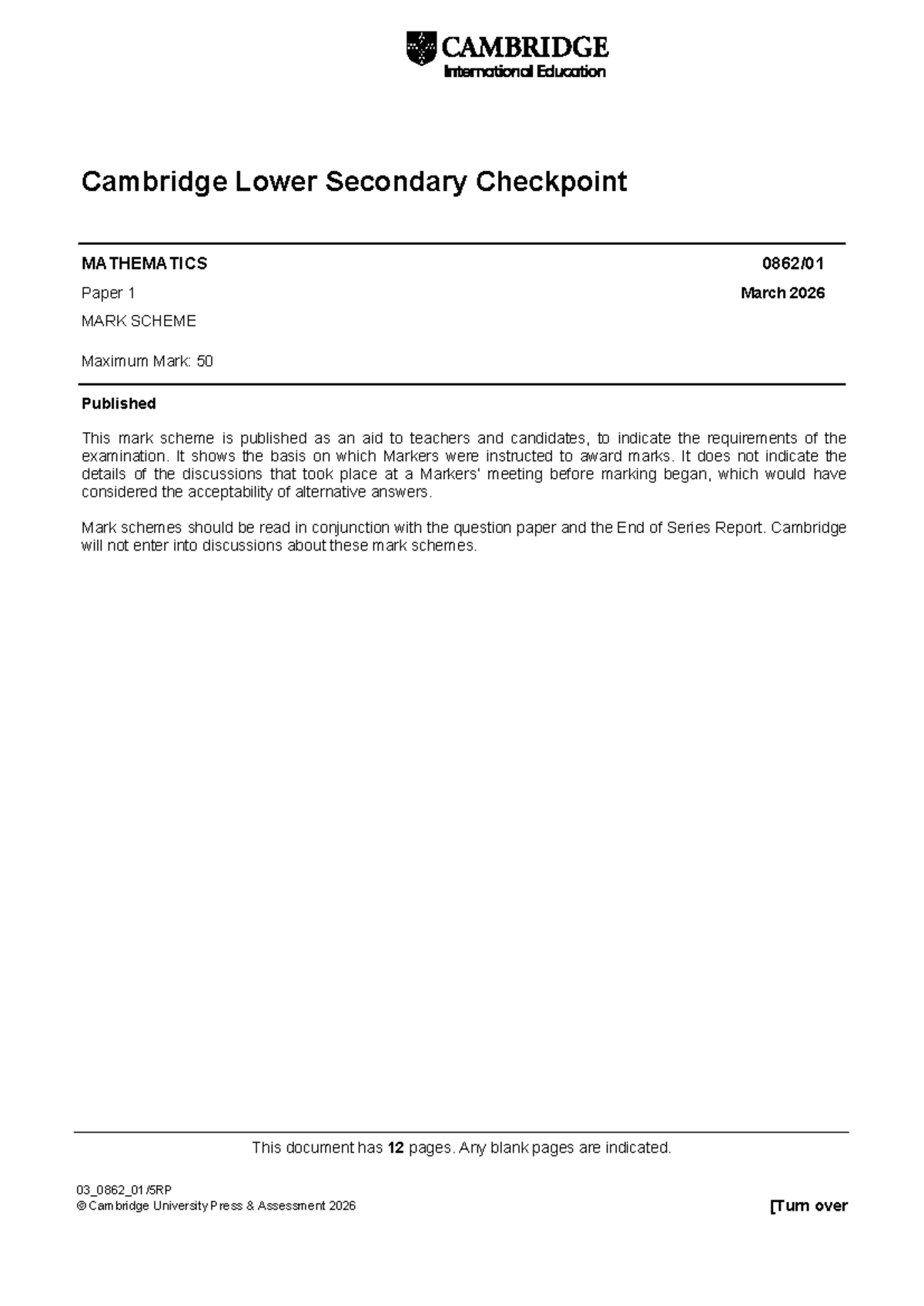 Cambridge Lower Secondary Checkpoint Mathematics Mark Scheme - March ...